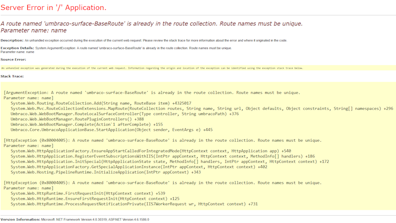Fixed A Route Named Umbraco Surface Baseroute Is Already In The Route Collection Luke Alderton